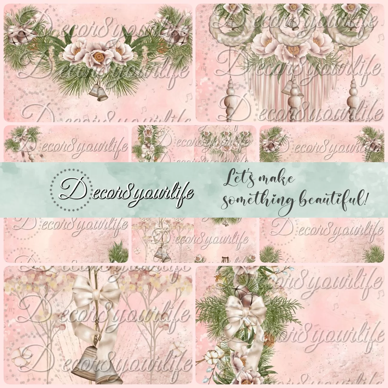 Digital Scrapbook Paper - Boho Shabby Chic Pink Christmas | Digital Paper